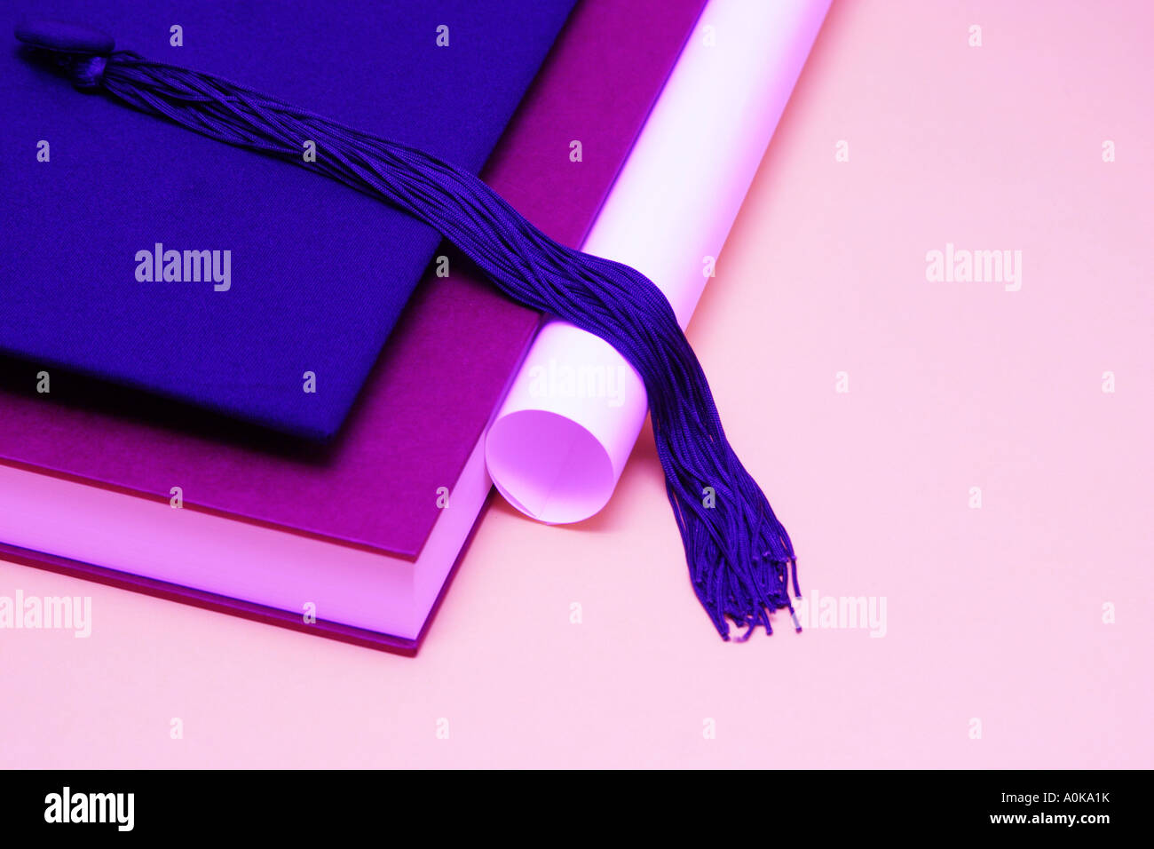 graduation cap on top of a thick book and scroll of paper Stock Photo ...
