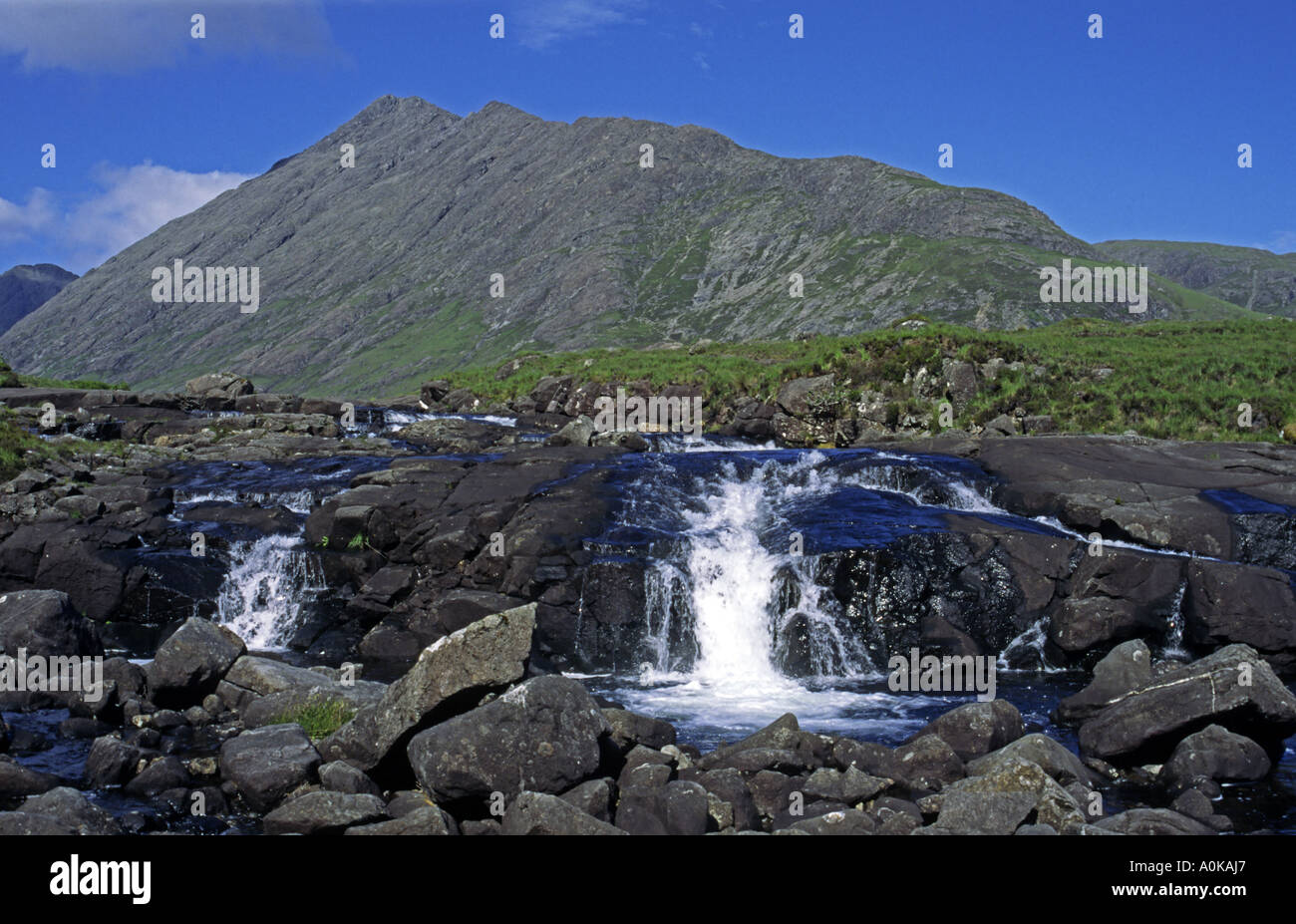 Unusual view of Bla Bheinn from Camasunary on Skye. The river in the ...