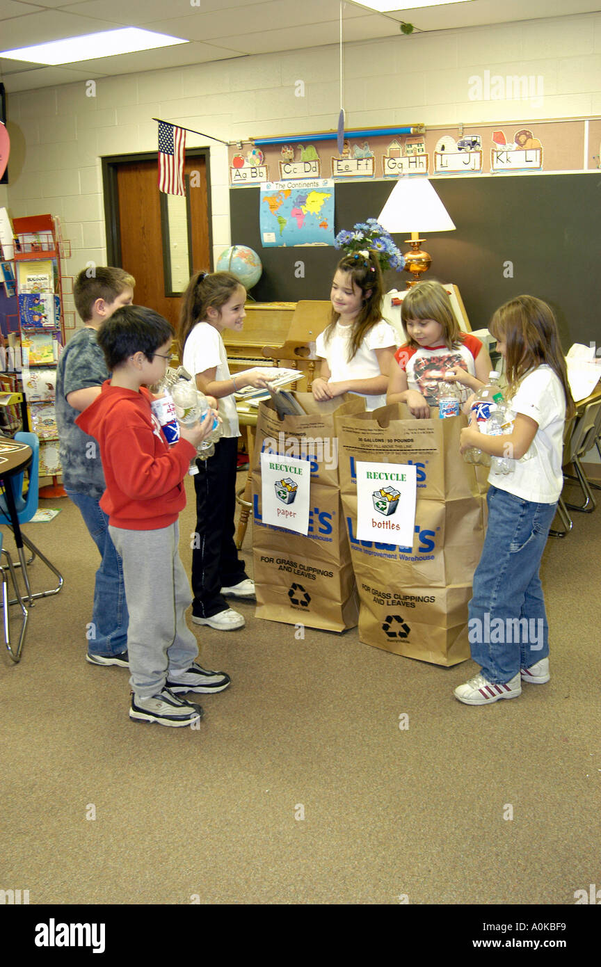 3rd Third Grade Students Recycle Bottles and Paper Stock Photo - Alamy