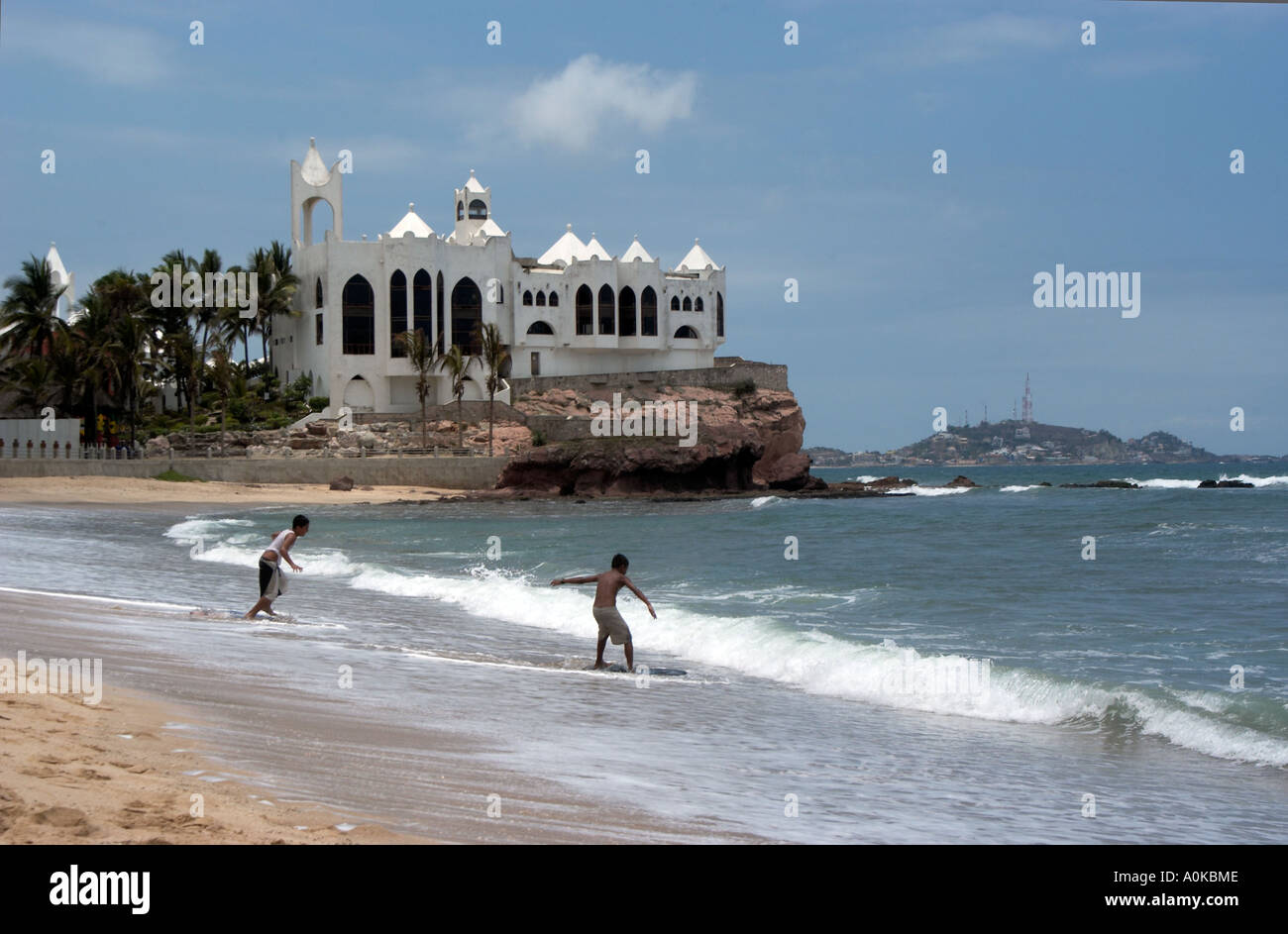Busy beach scene with sailboats and parasailer Golden Zone Mazatlan ...