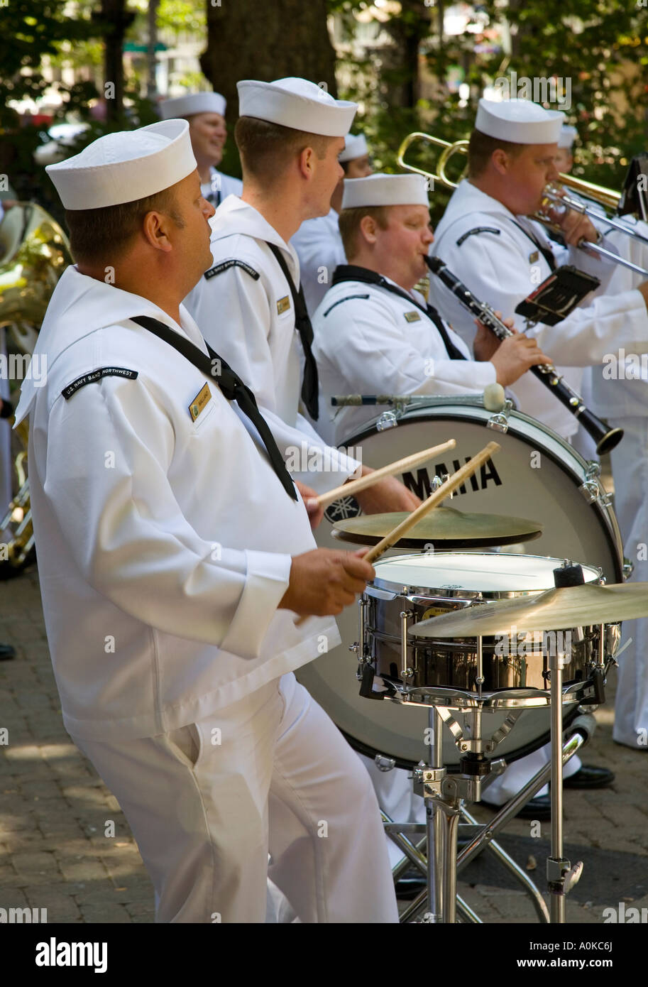 Sailors playing in the US Navy Band Northwest brass band public display ...