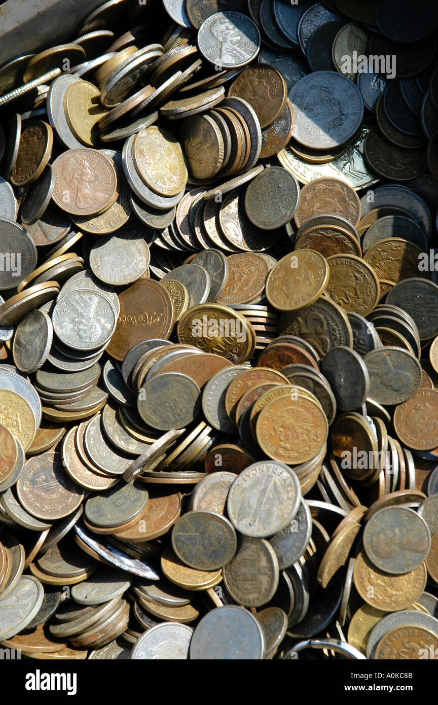 Patterns of Colorful Old Coins on Table Stock Photo - Alamy