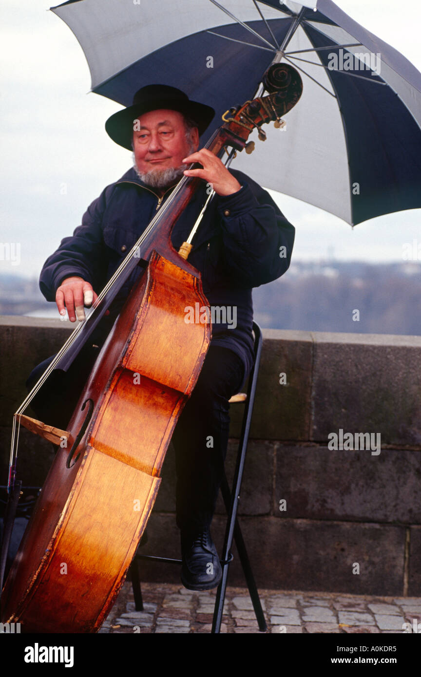 Busker playing Double Bass on Charles Bridge Prague Czech Republic ...