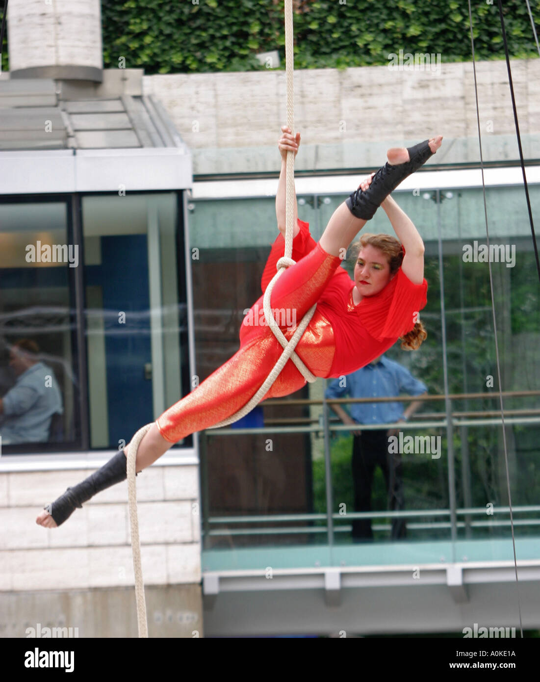 Acrobatic rope display in The Broadgate complex Liverpool St London ...
