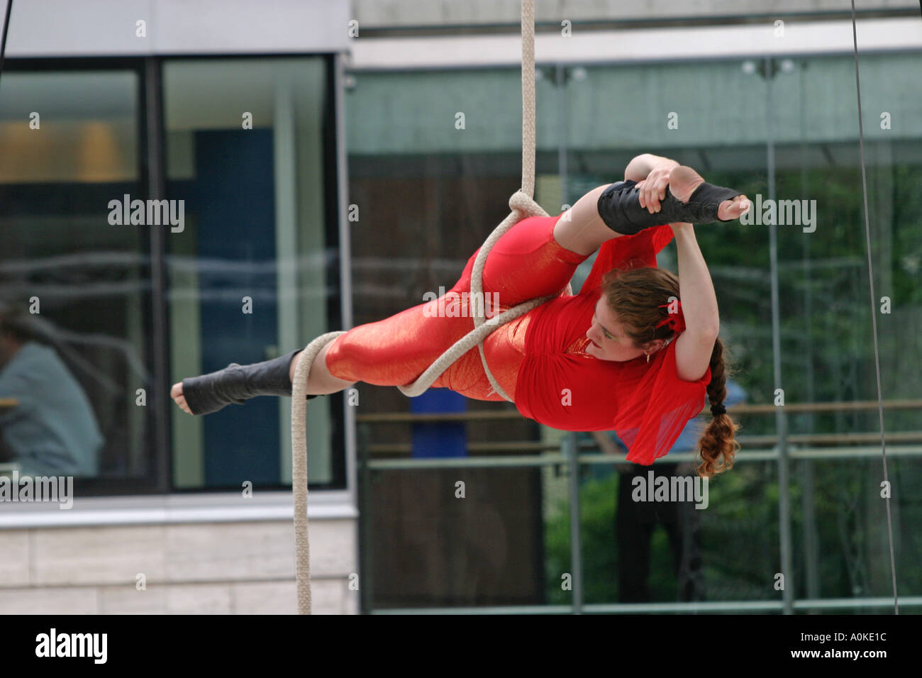 Acrobatic rope display in The Broadgate complex Liverpool St London ...