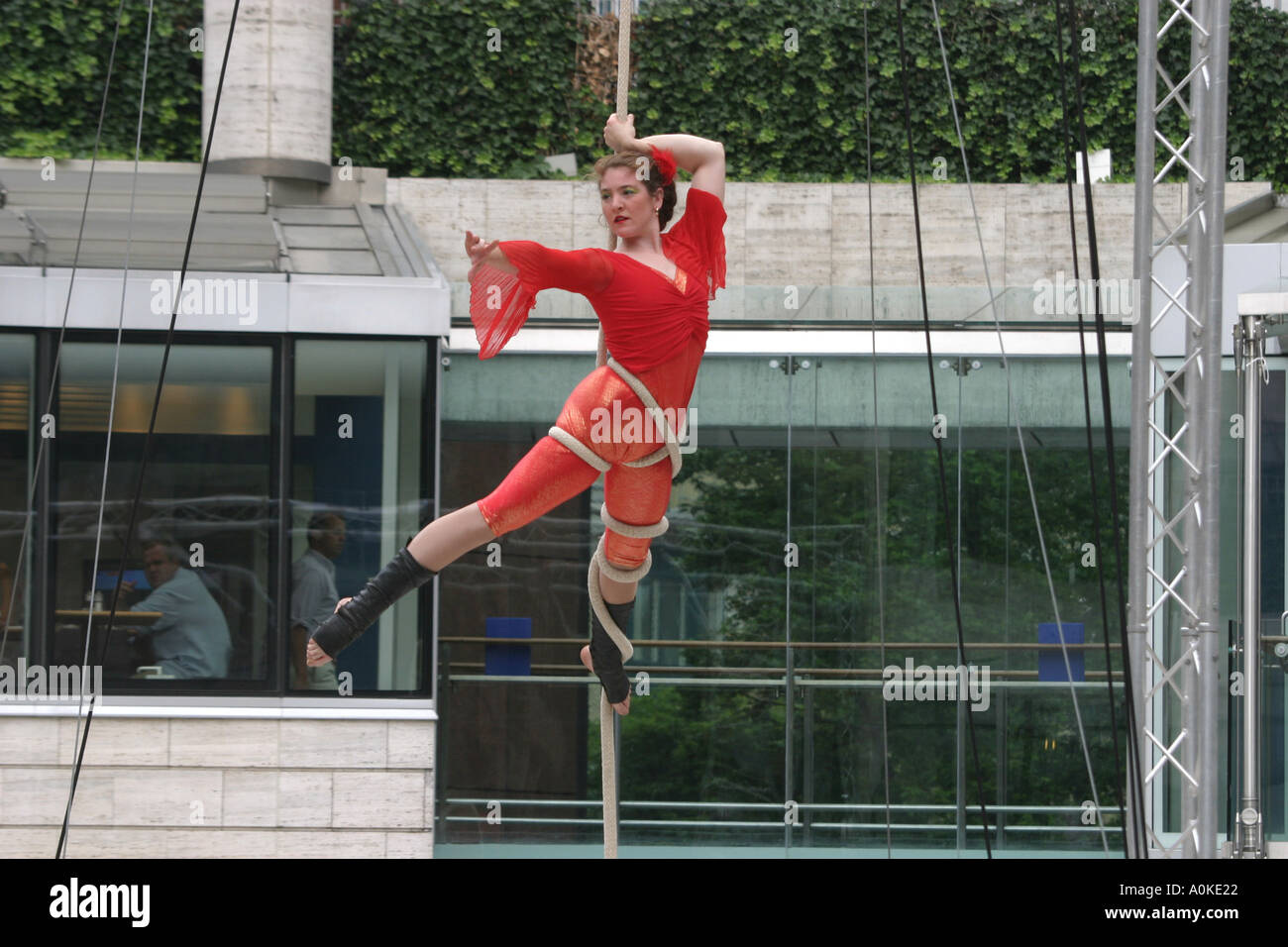 Acrobatic rope display in The Broadgate complex Liverpool St London ...