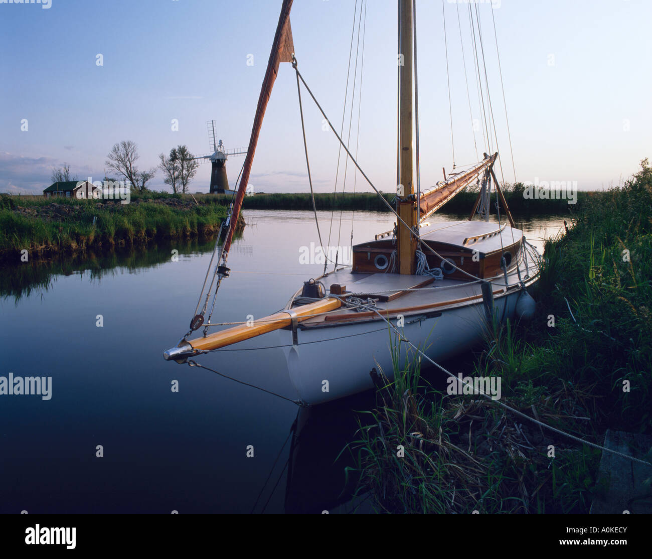 norfolk broads sailing yacht moored on river thurne, england Stock ...