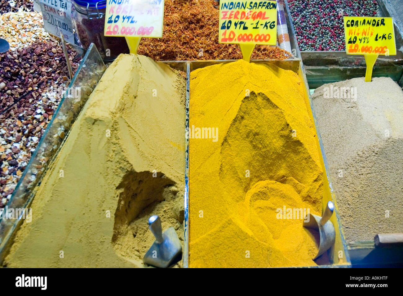 Heaped curry, coriander, and saffron powder, at the Egyptian Bazaar ...