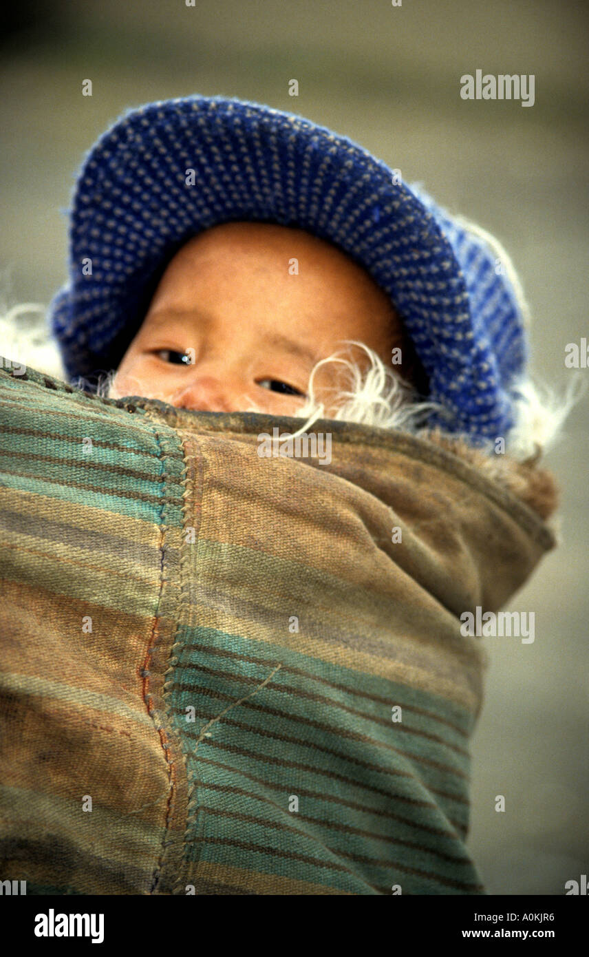 Tibetan Nomad's baby carried in Yak fur lined shawl on mother's back ...