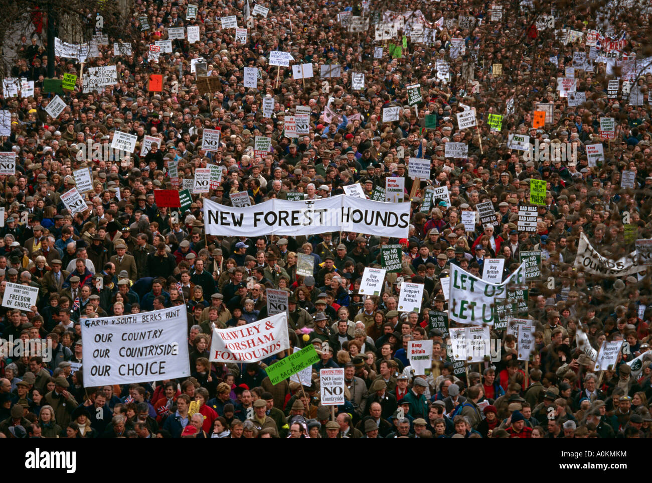 London massed crowd of protesters with banners at the Countryside March ...