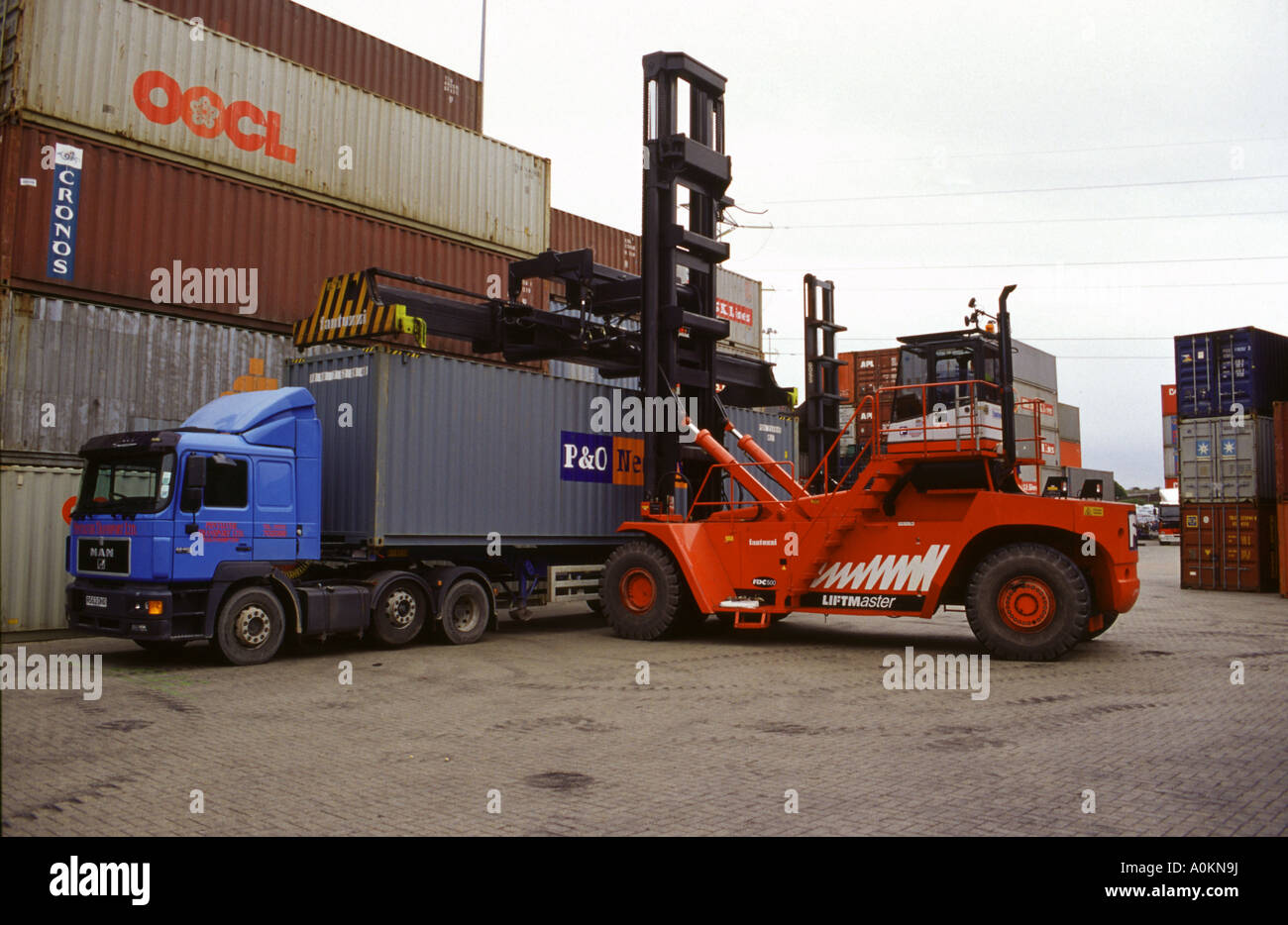 High lift fork truck with spreader Stock Photo - Alamy