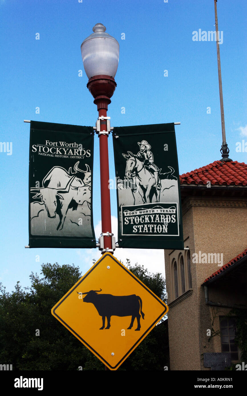 Fort Worth Stockyards sign with a longhorn cattle crossing sign Stock ...