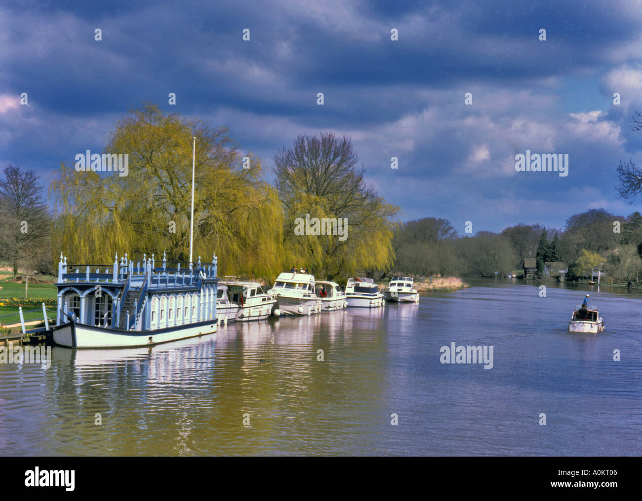 House boats. River Thames from Goring Bridge Berkshire England April ...