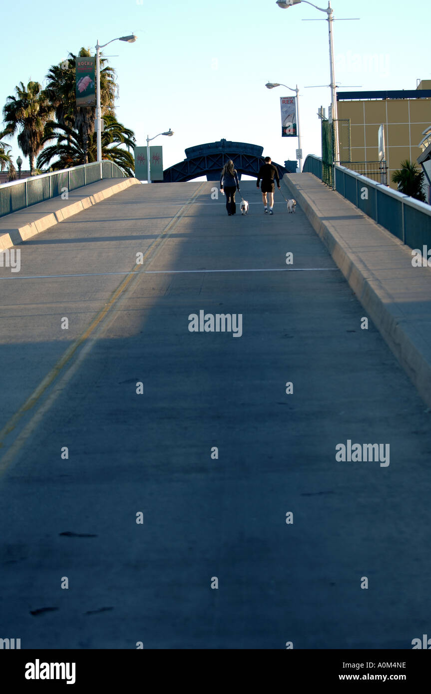 Couple walking two dogs along the Santa Monica Pier CALIFORNIA Stock ...
