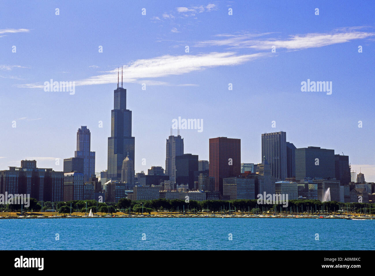 Skyscraper skyline including Sears Tower and Lake Michigan lakeshore ...