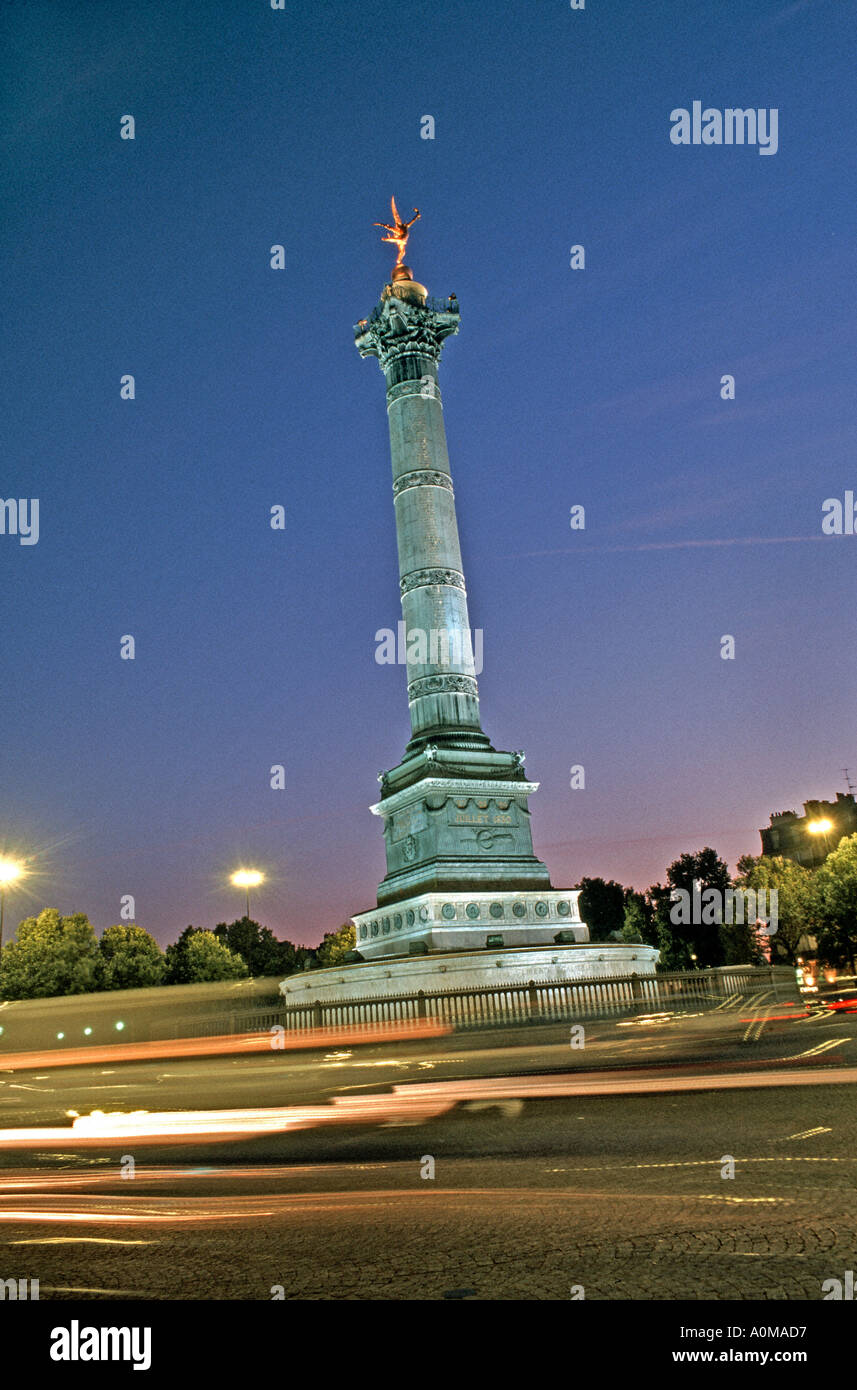 Paris France, Monument "July Column" on "Place de la Bastille" "Lit up ...