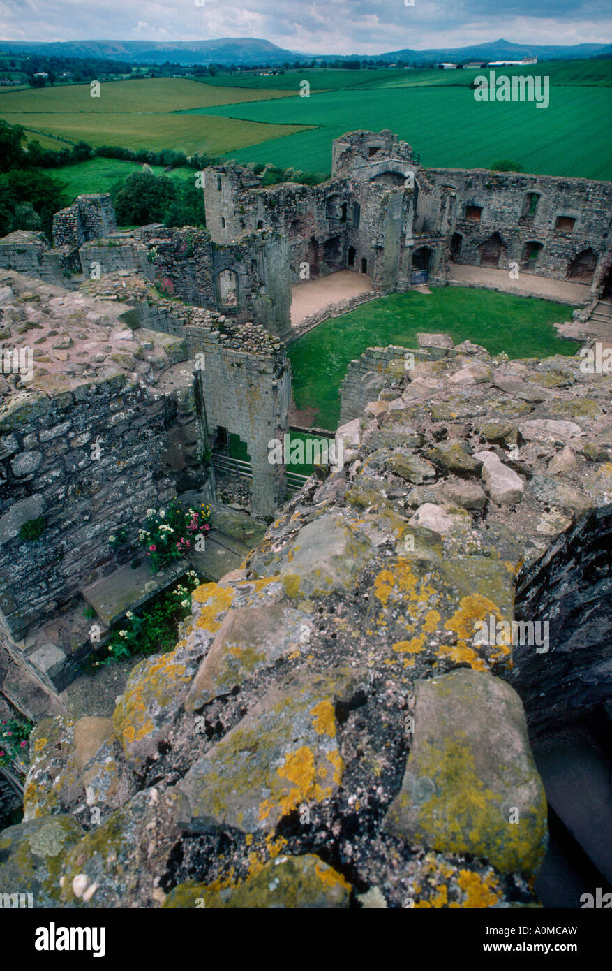 View looking down from one of the stone turrets, in the Ruins of Raglan ...