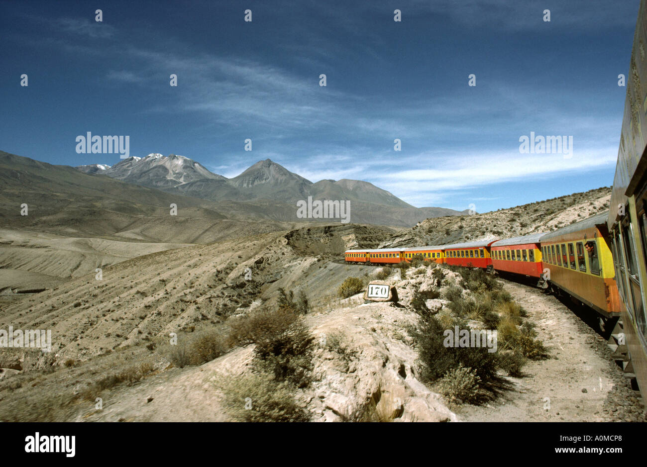 Peru Transport High Altiplano train passing through Andes Stock Photo ...