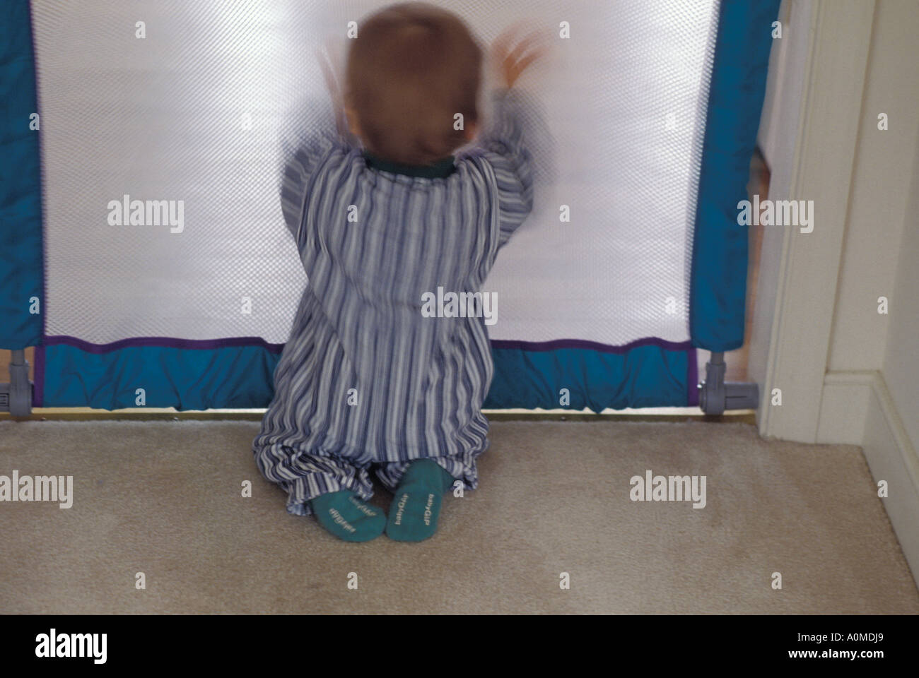 1 one young boy pajamas behind room seperating gate Stock Photo - Alamy