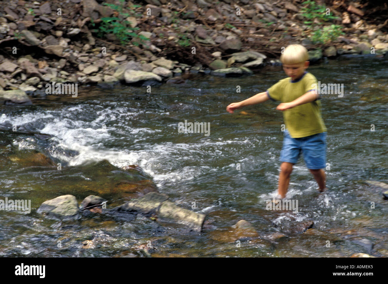 1 one young boy 5 6 7 8 years old playing in stream wet water fun ...