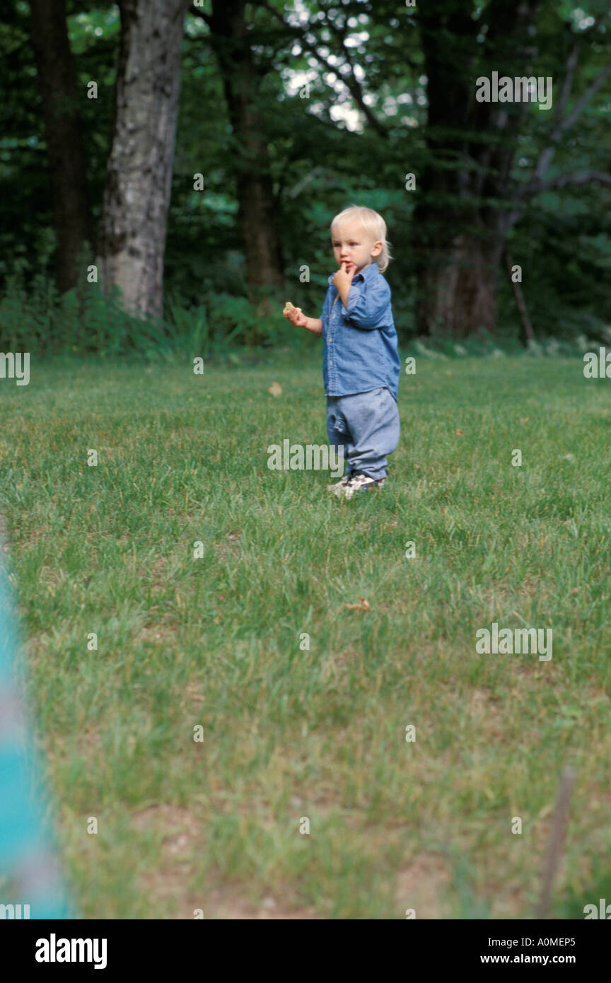 1 one young barefoot boy green grass happy frolic frolicing concept ...
