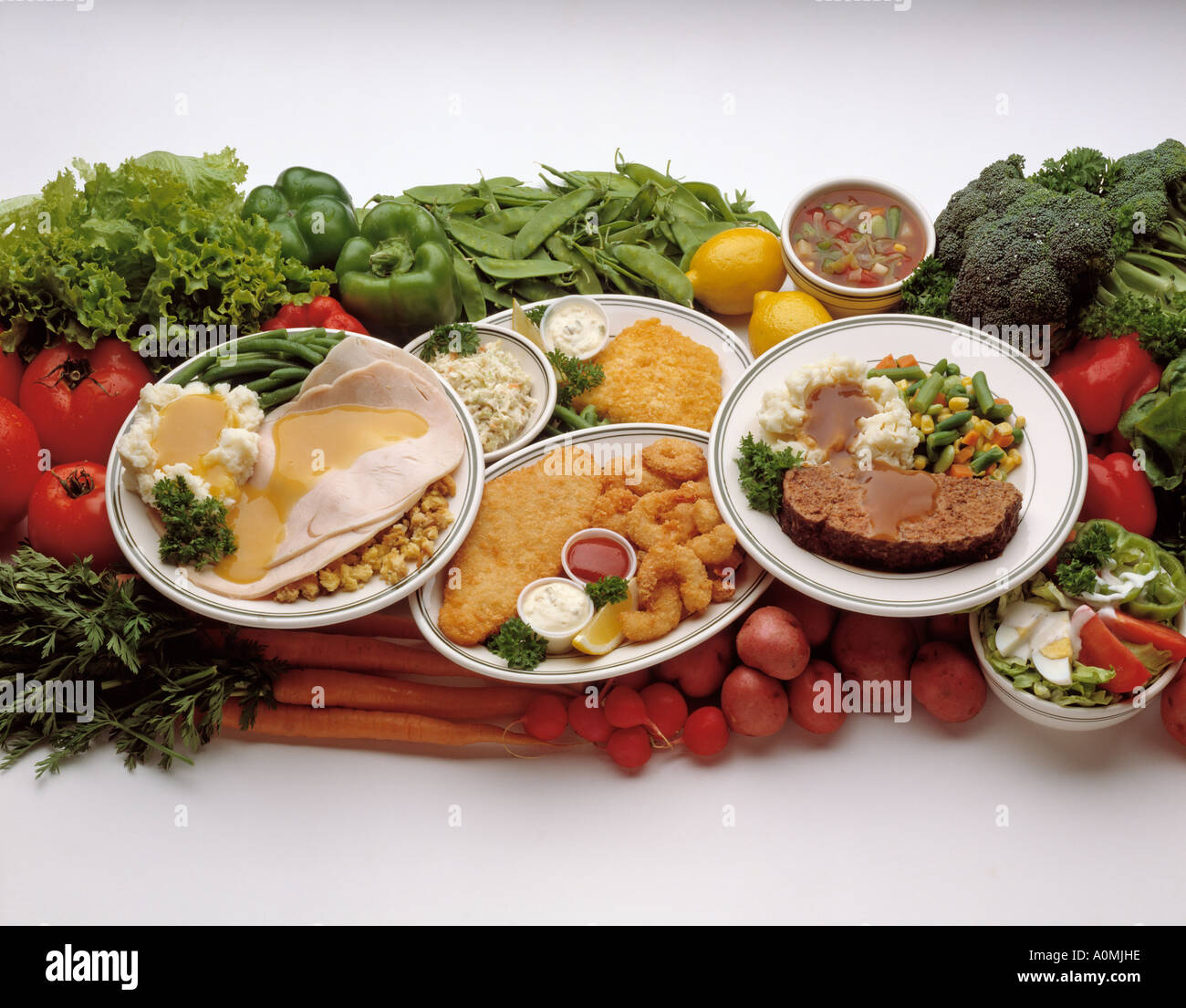 assorted assortment dinner plates turkey filet fish meat loaf fried ...