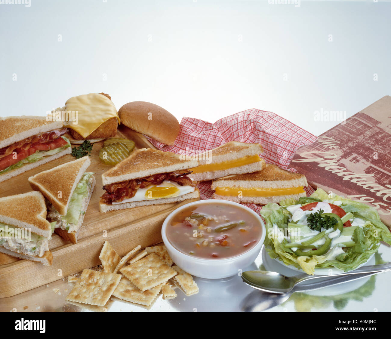 assorted assortment bowl soup sandwich garden salad vegetable fried egg ...