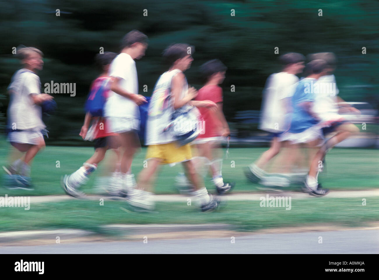 group students gym class outdoor walk run abstract motion movement ...