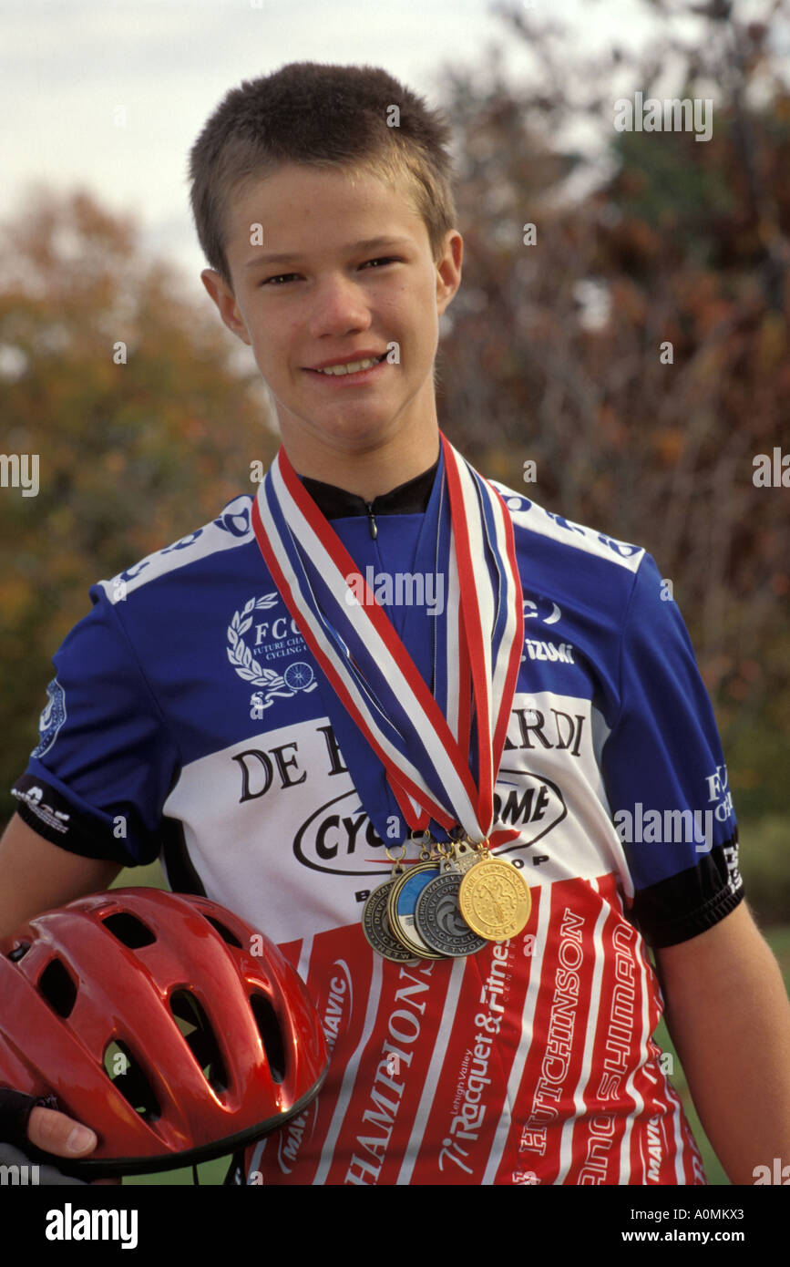 young teen teenager bicycle velodrome racer champion medals Stock Photo ...