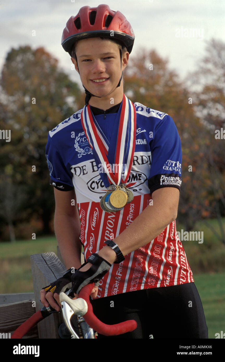 young teen teenager bicycle velodrome racer champion medals Stock Photo ...