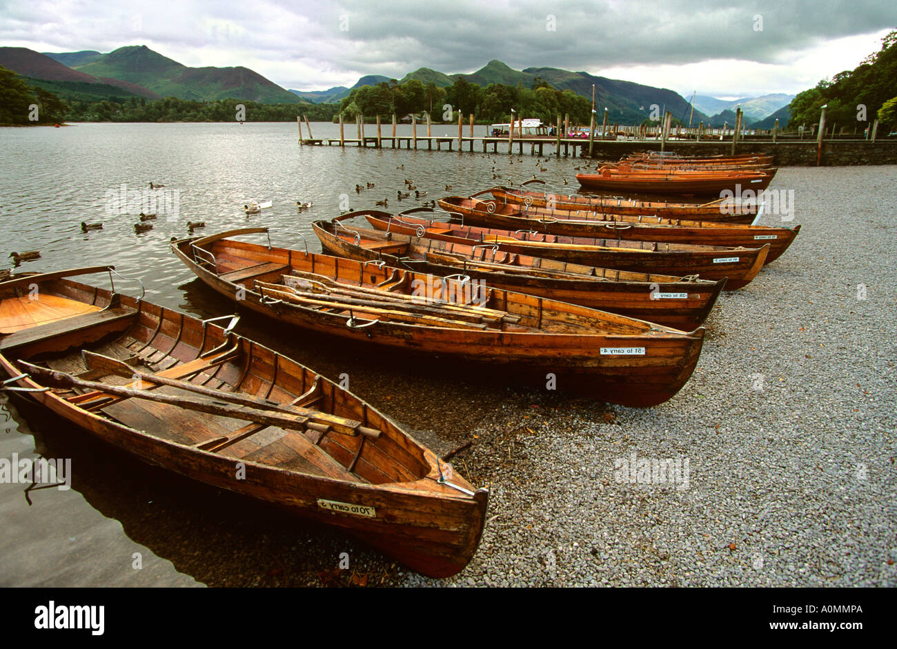 Cumbria Keswick rowing boats for hire on Derwent Water Stock Photo - Alamy