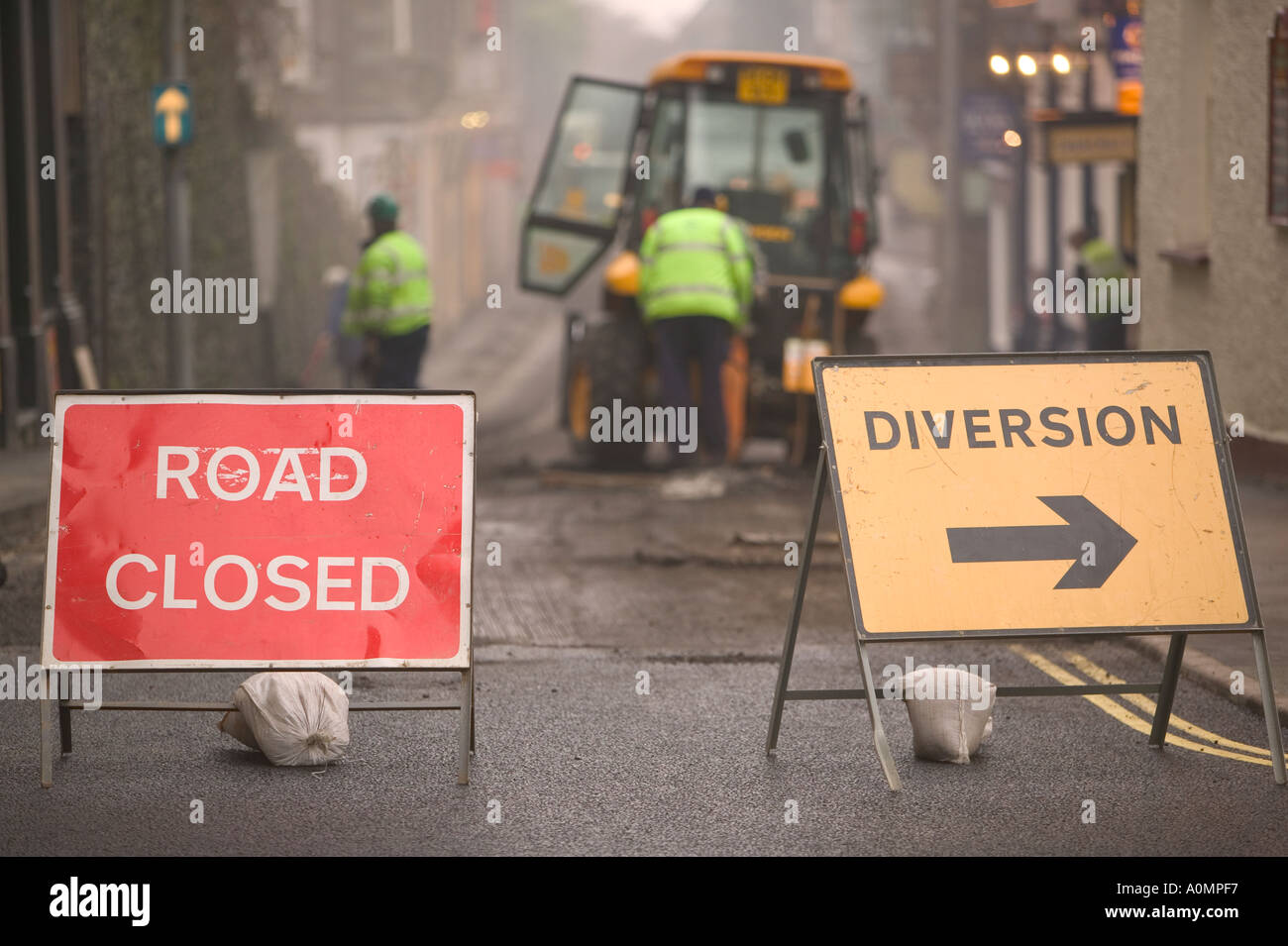 road closed and diversion signs during resurfacing work in Ambleside ...