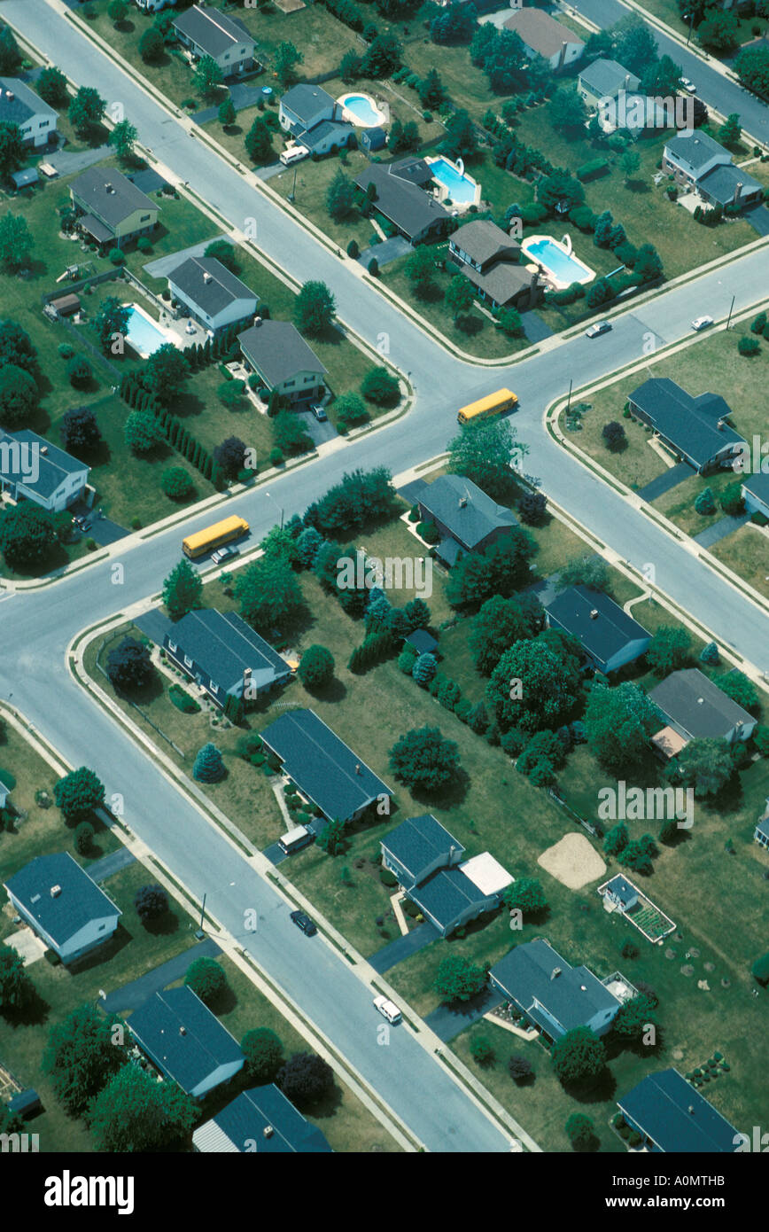 aerial view suburb suburban landscape house streets yellow school bus ...