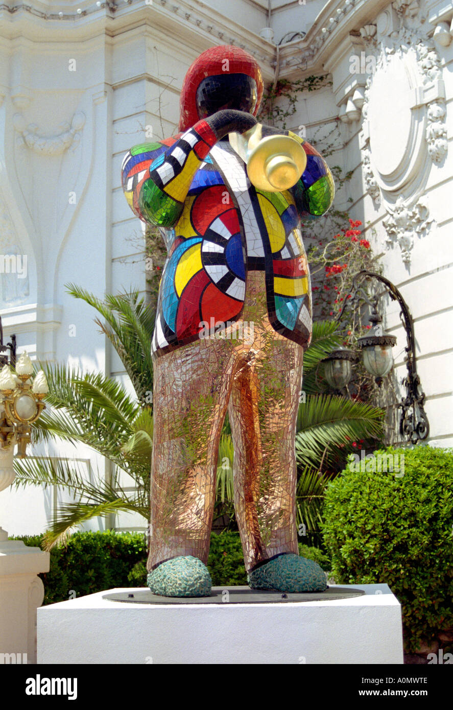 Statue of jazz musician Miles Davis outside exclusive Hotel Negresco on ...