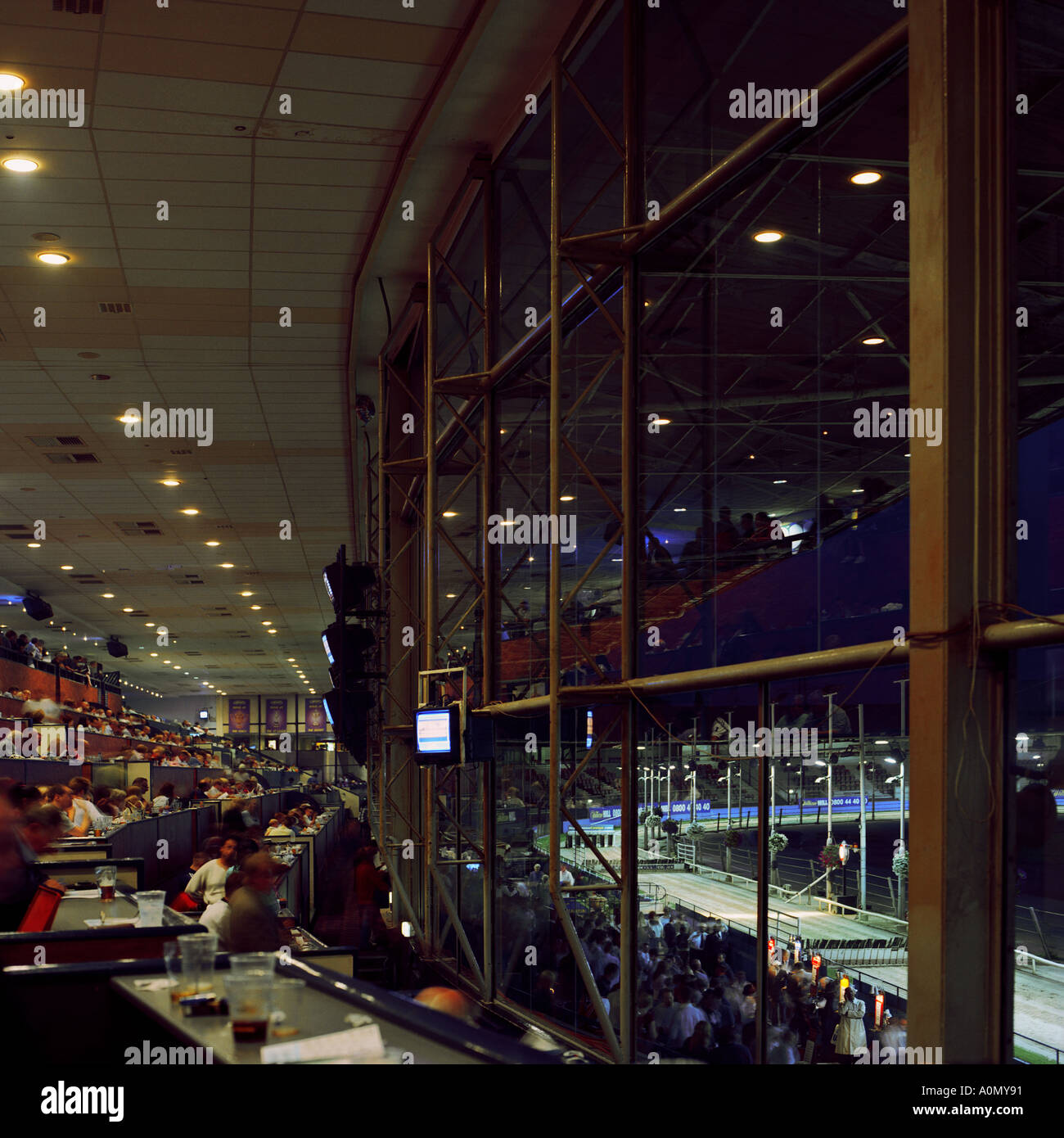 Night interior shot of Wimbledon Greyhound Stadium racing track, south ...