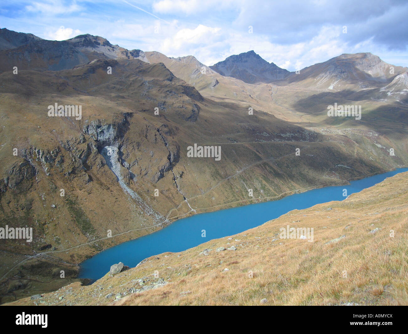 LAC DE MOIRY lake and dam in Grimentz, Switzerland, completed in 1958 ...