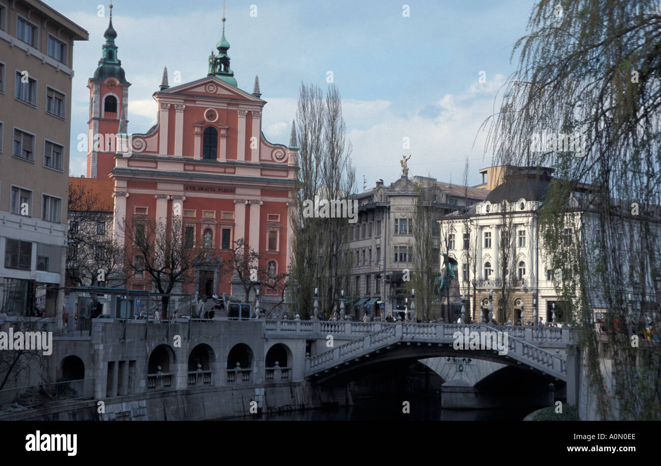 Ljubljana, three bridges (Plecnik), church Stock Photo - Alamy