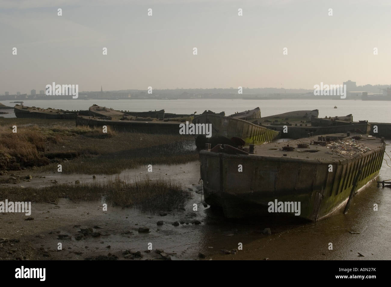 Concrete barges used in the D Day Landings, Rainham, Essex Stock Photo ...