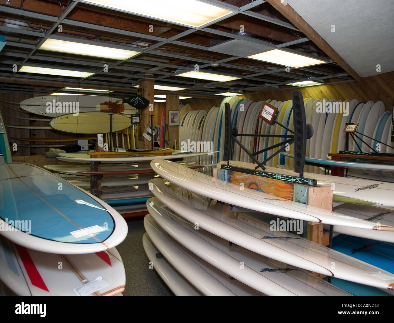 Interior of surf board shop, showing stock of surf boards. Hermosa ...