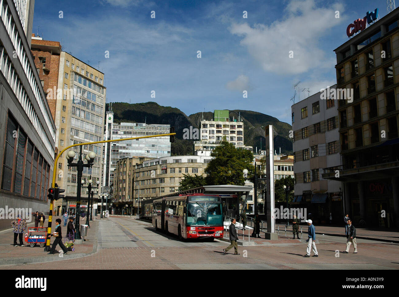 Trans-millennium bus service station in central Bogota, capital of ...