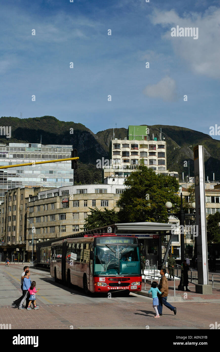 Trans-millennium bus service station in central Bogota, capital of ...