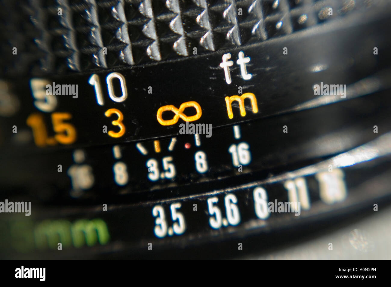 Close up of f numbers infinity symbol and distance scales on a lens ...