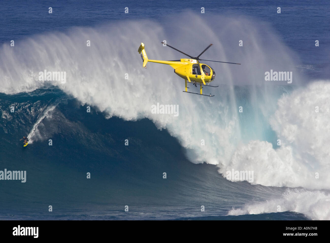 A helicopter filming a tow in surfer at Peahi, (Jaws) off Maui, Hawaii ...