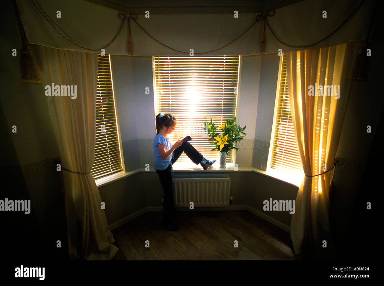 child reading book by window Stock Photo - Alamy