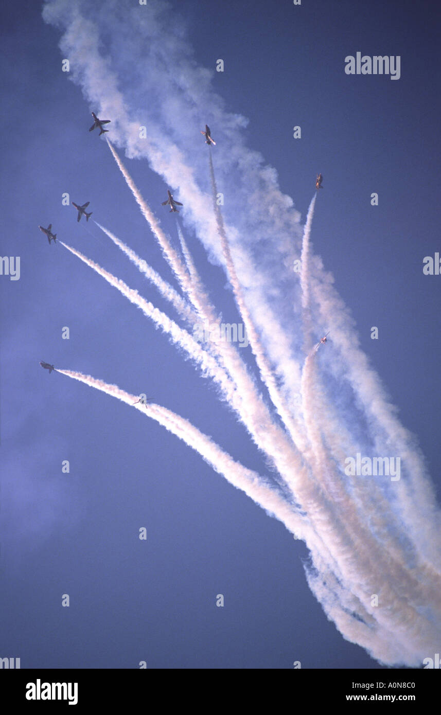 Red Arrows RAF Hawk T1 Formation Bomb Burst Mildenhall Airshow Stock ...