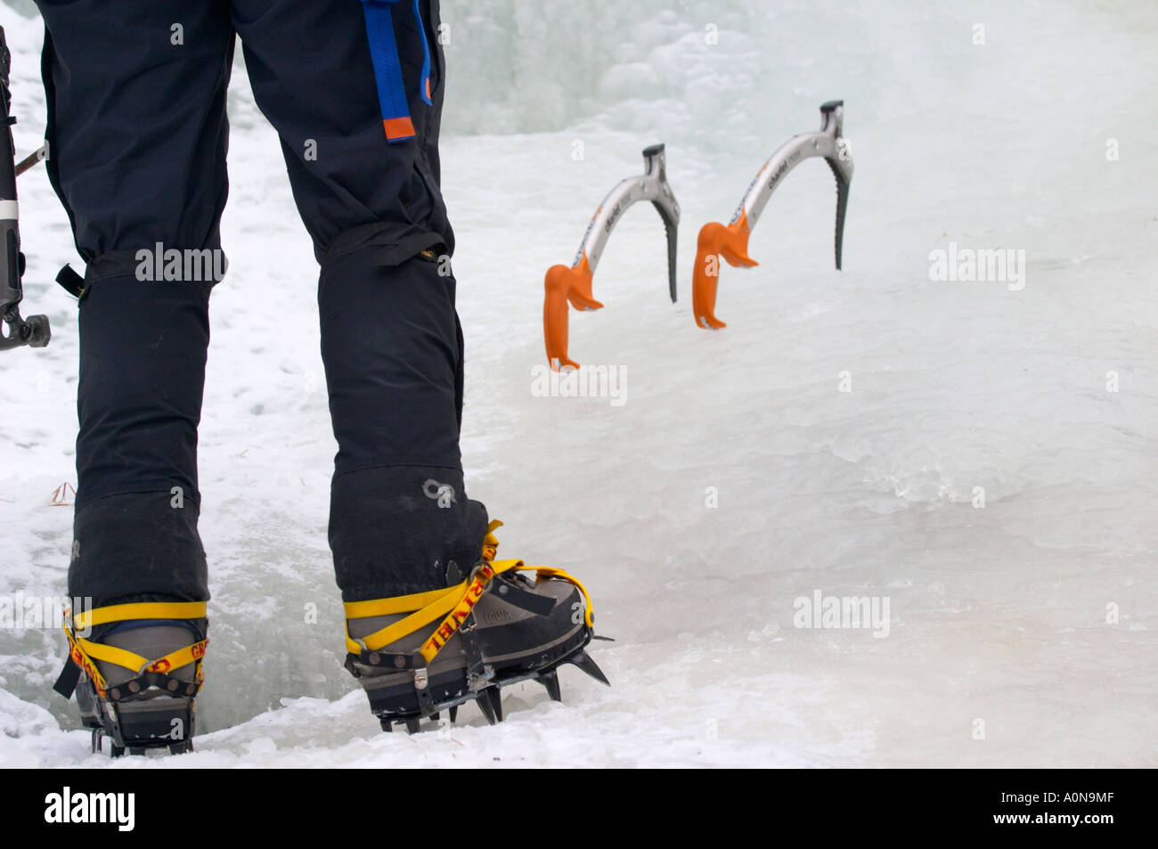 climber's legs and ice tools in the ice Boulder Canyon CO USA Stock ...
