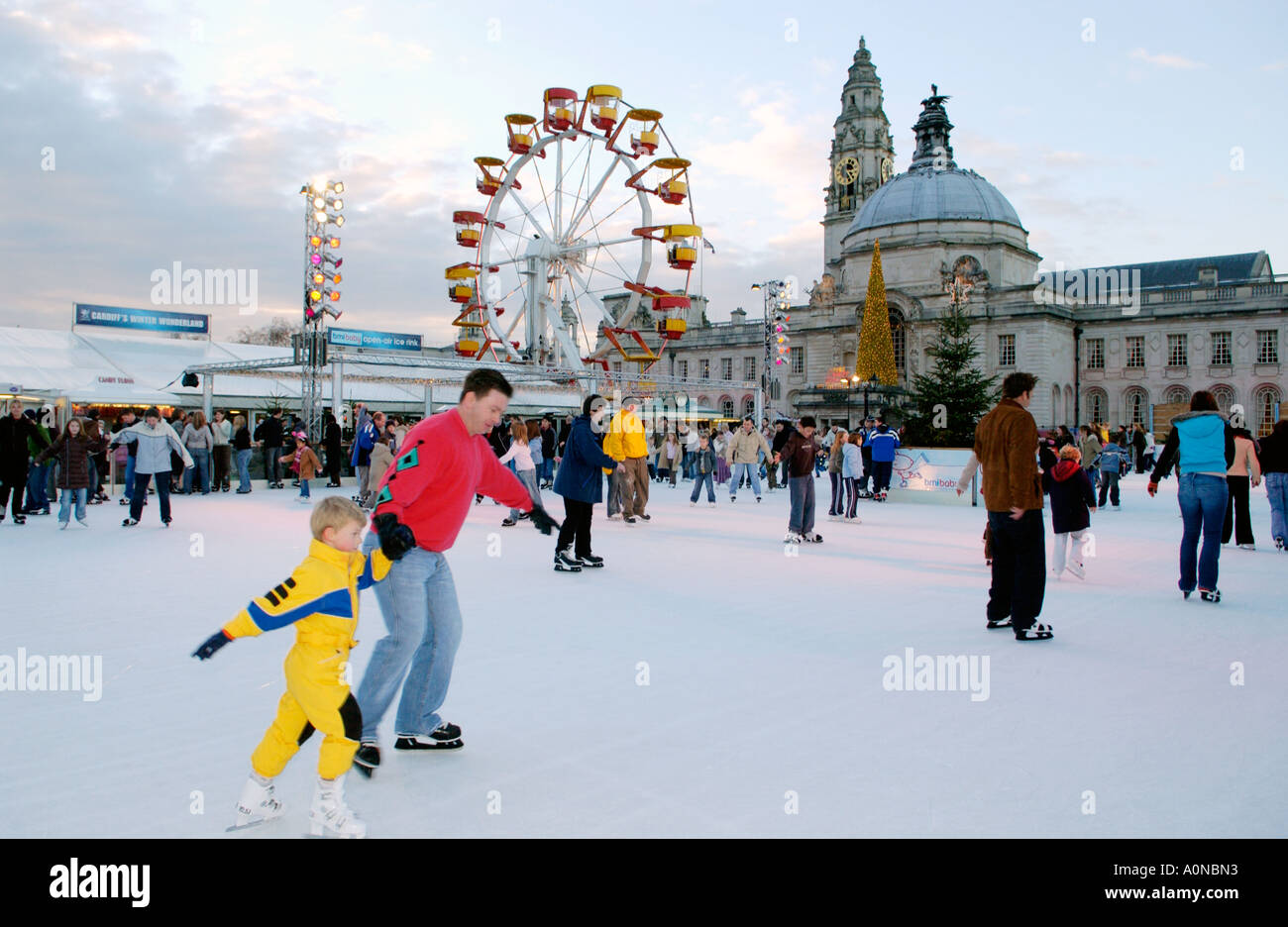 Winter Wonderland event outside Cardiff City Hall Wales UK with people ...