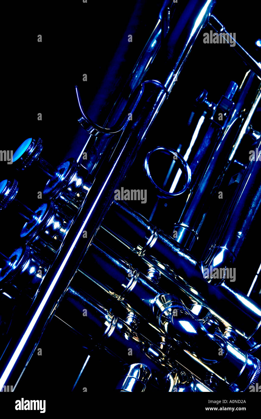 Close up of trumpet showing valves and tuning slides Stock Photo - Alamy