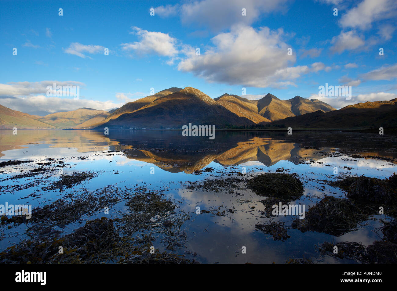 the Five Sisters of Kintail reflected in Loch Duich Wester Ross ...