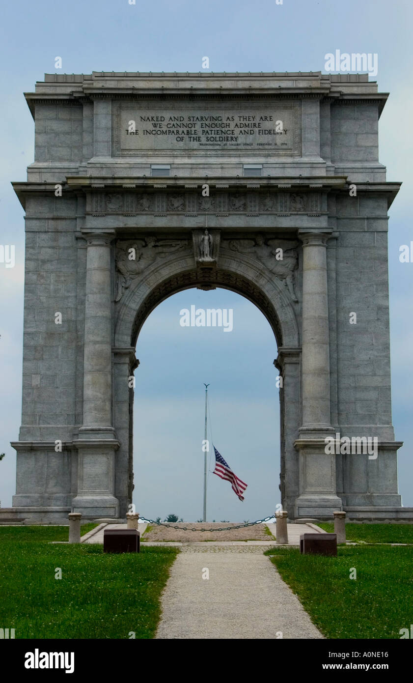 Valley Forge Memorial Arch with American flag at half mast Stock Photo ...